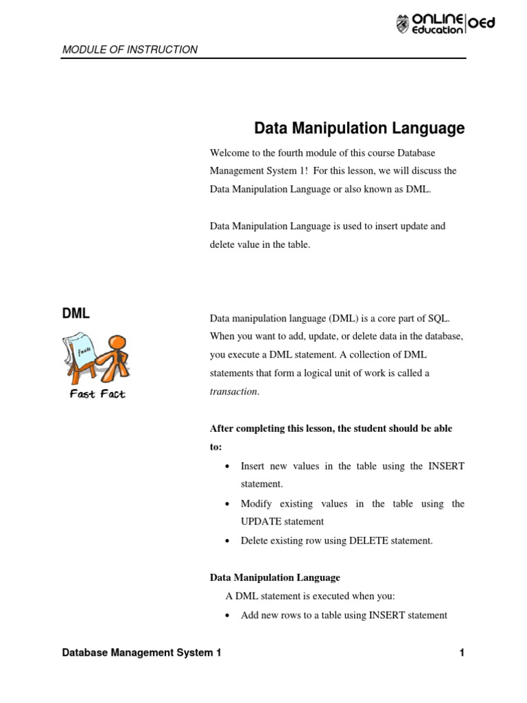 Data Manipulation Language: Module of Instruction | PDF | Table (Database) | Databases