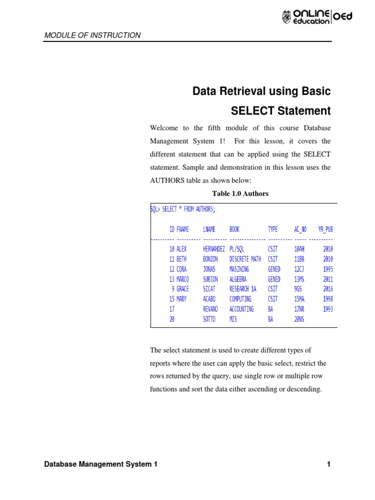 Data Retrieval Using Basic SELECT Statement: Module of Instruction | PDF | Databases | Data ...
