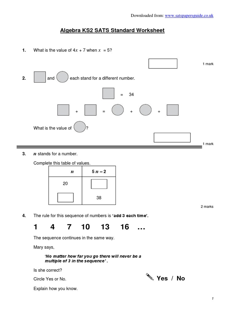 Algebra KS2 SATS Standard Worksheet: Yes / No | PDF | Numbers ...
