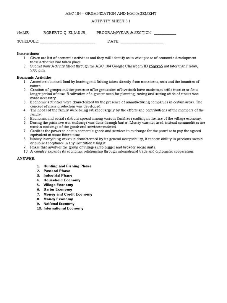Understanding the Stages of Economic Development: An Activity Sheet on ...