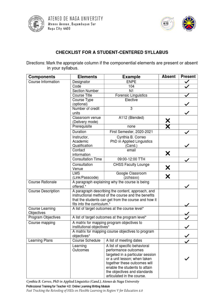 3 Flex Checklist For Syllabus Components Pdf Educational