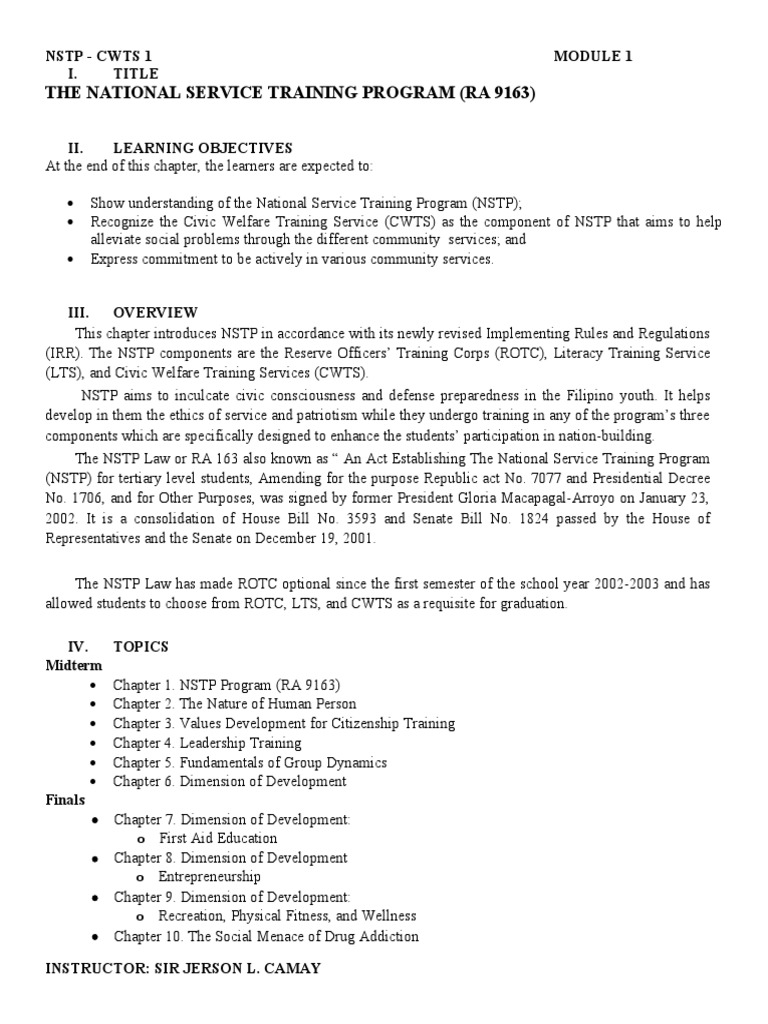 The National Service Training Program (Ra 9163) : NSTP - Cwts 1 I ...