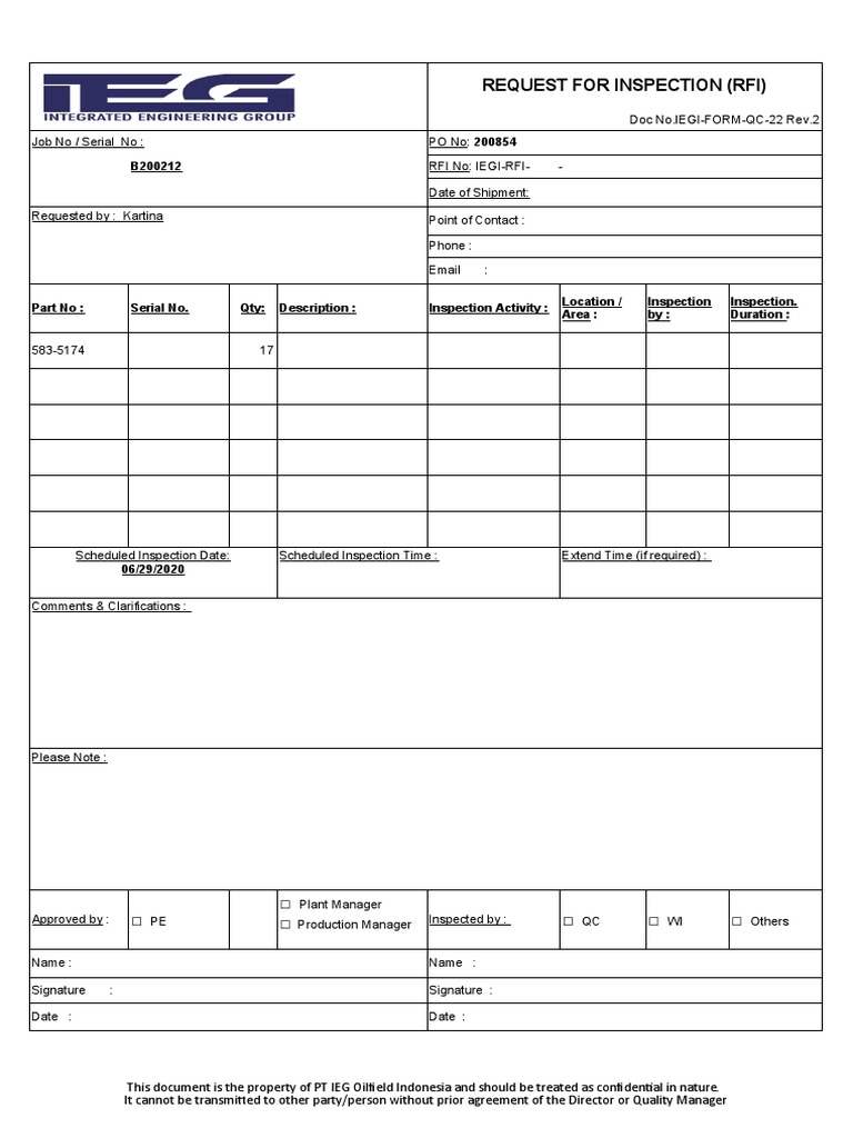 Request For Inspection (Rfi) | PDF