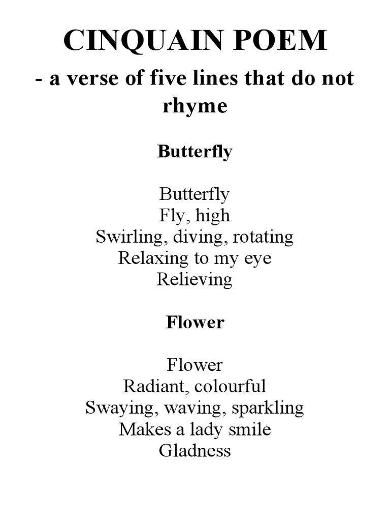 A Verse of Five Lines That Do Not Rhyme: Cinquain Poem | PDF | Poetry ...