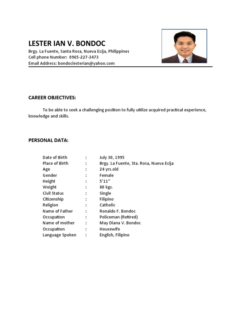 Lester Ian V. Bondoc: Career Objectives | PDF
