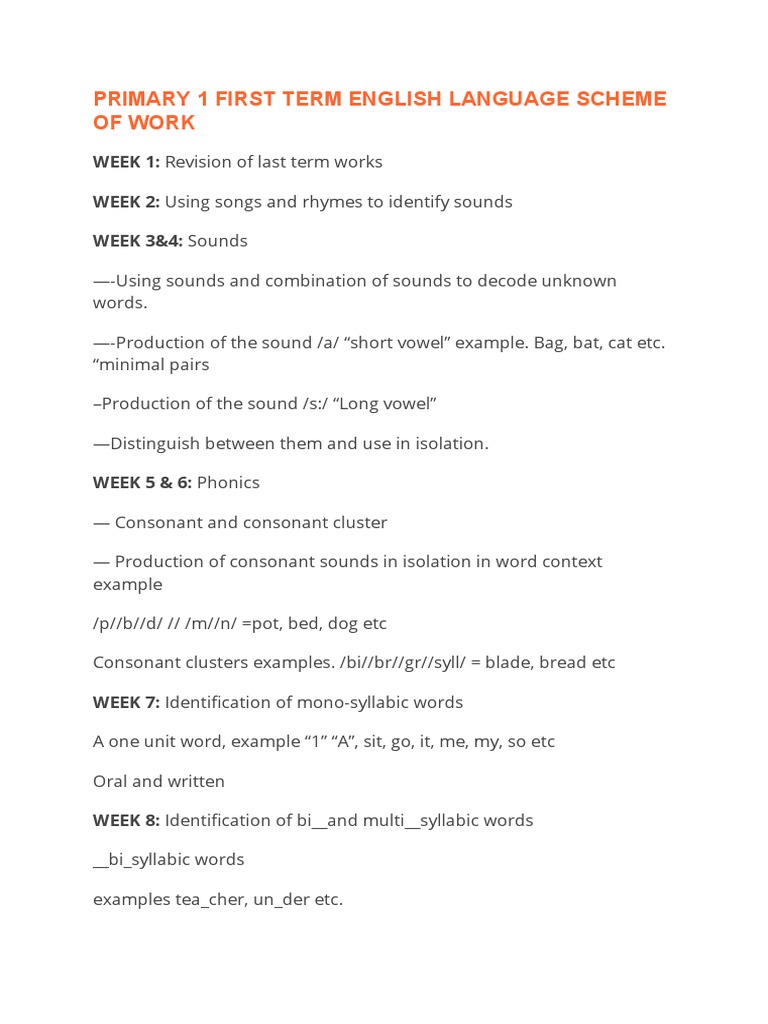 Primary 1 English Language Scheme of Work | PDF | Syllable | Word