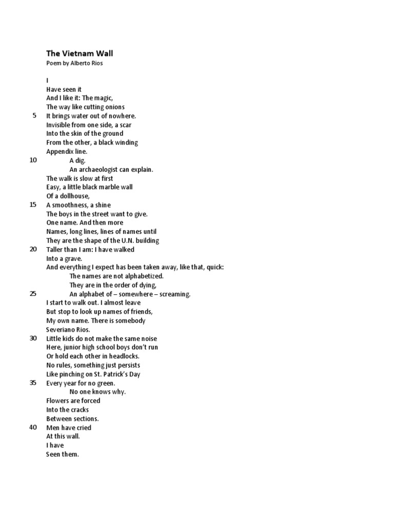 The Vietnam Wall Poem by Alberto Rios | PDF