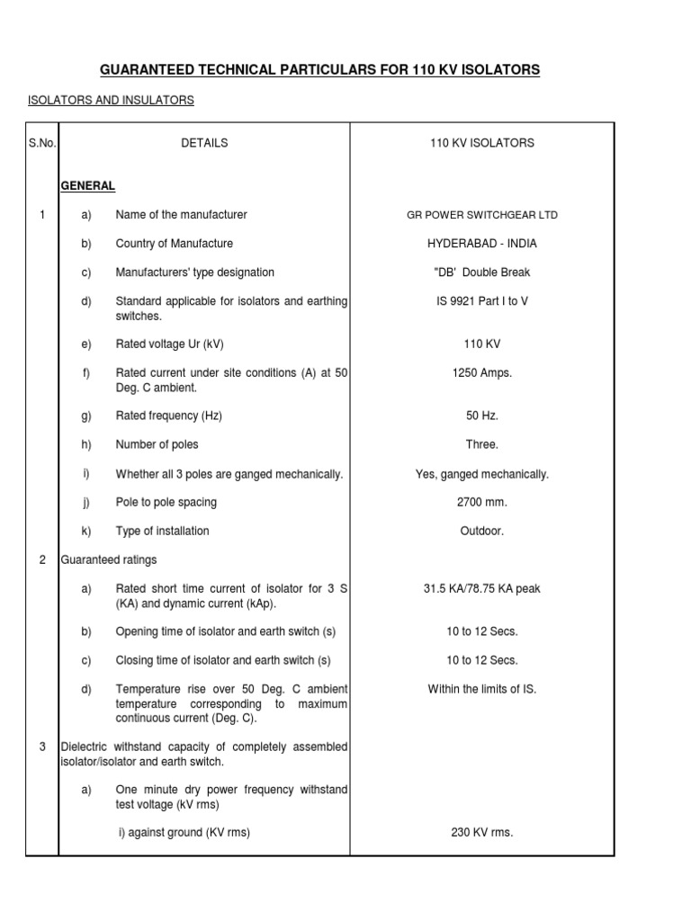 GTP For 110 KV 1250a Hdb-Isolator | PDF | Insulator (Electricity) | Switch
