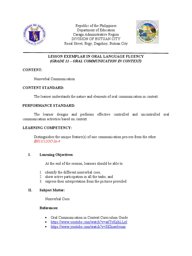 Lesson Exemplar Grade 11 Oral Comm | PDF | Nonverbal Communication ...