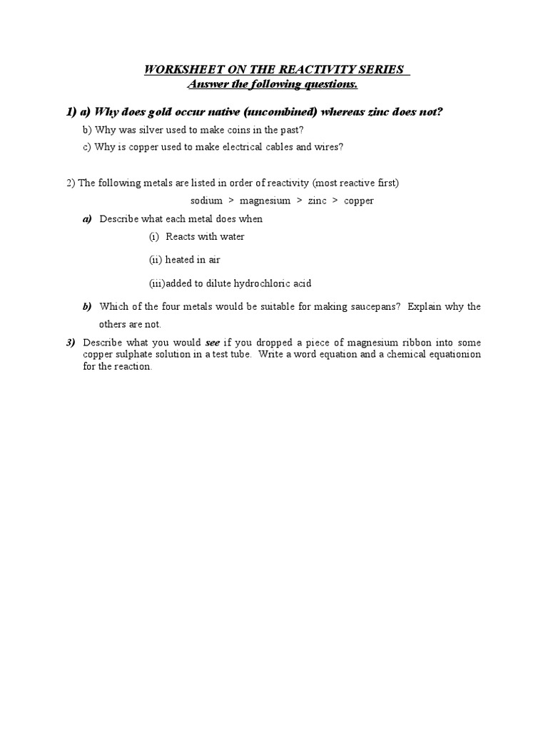 Reactivity Series Worksheet | PDF
