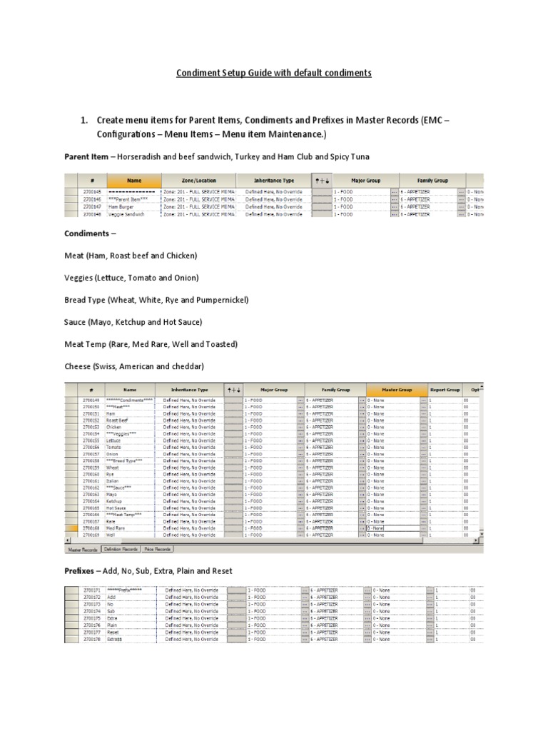 Condiment Setup Guide for EMC Menu | PDF | Sandwich | Delicatessen