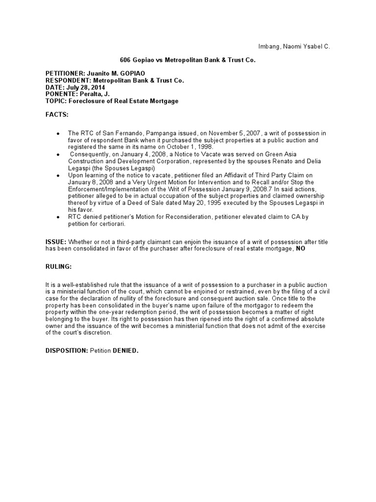 606 Gopia Vs Metropolitan Bank and Trust | PDF