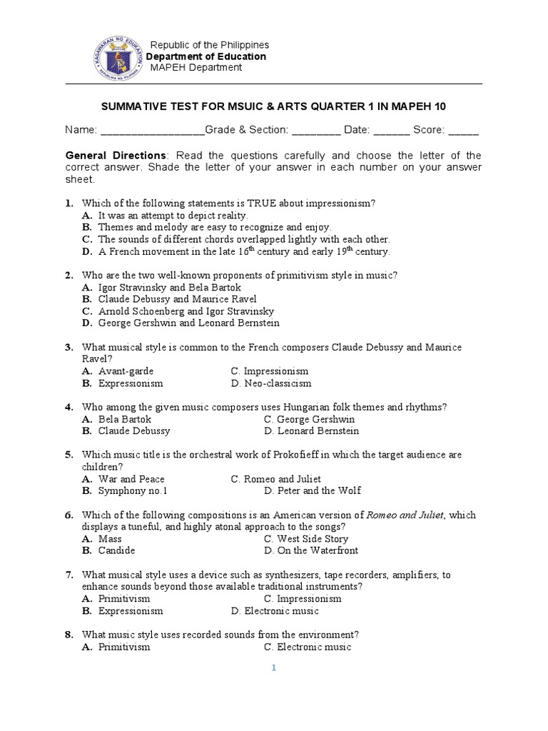 MAPEH 10 Quarter 1 Summative Test | PDF | Composers | Expressionism