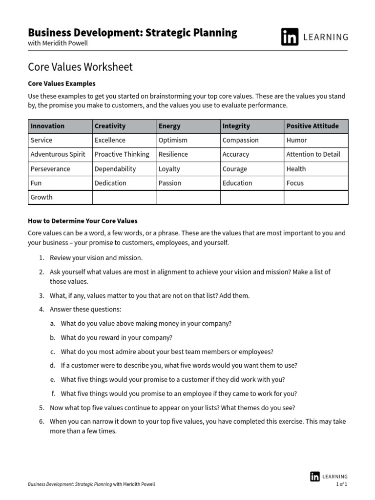 Core Values Worksheet PDF | PDF