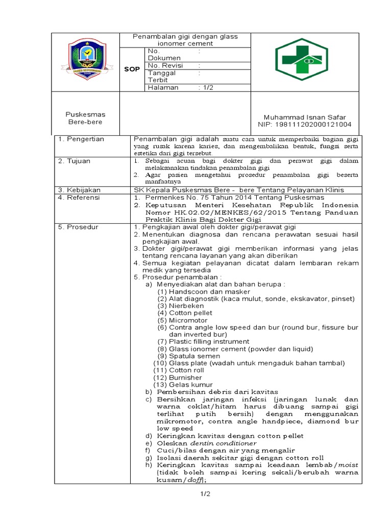 SOP Penambalan Gigi Dengan Gic | PDF