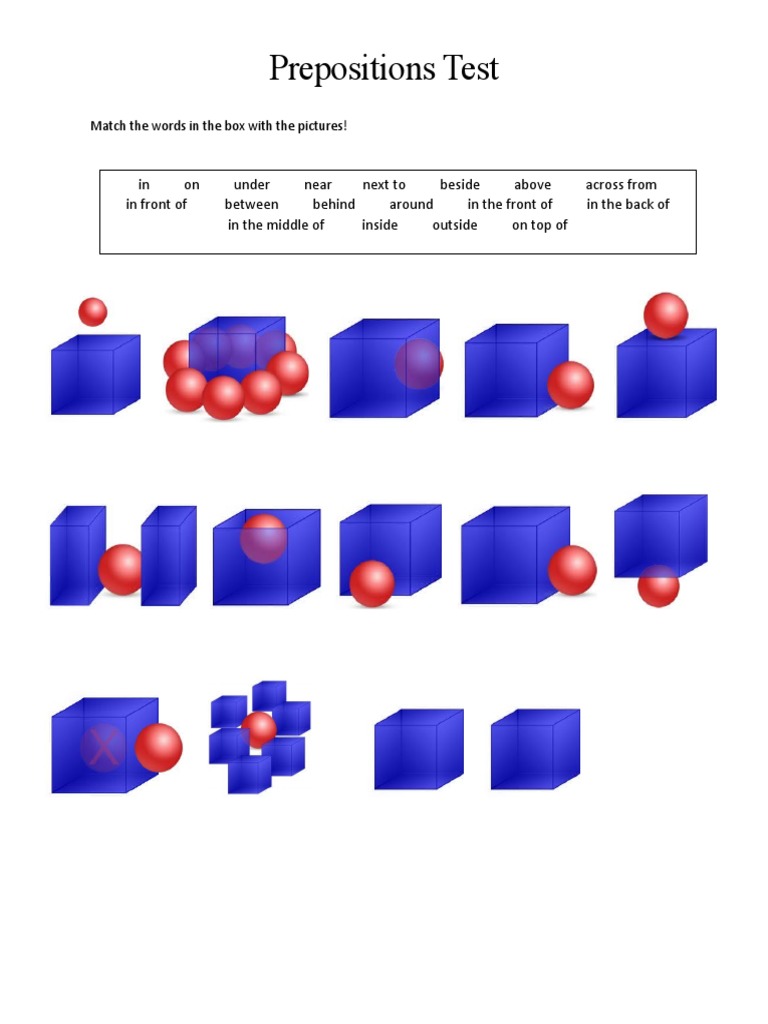 Prepositions Test: Match The Words in The Box With The Pictures! | PDF