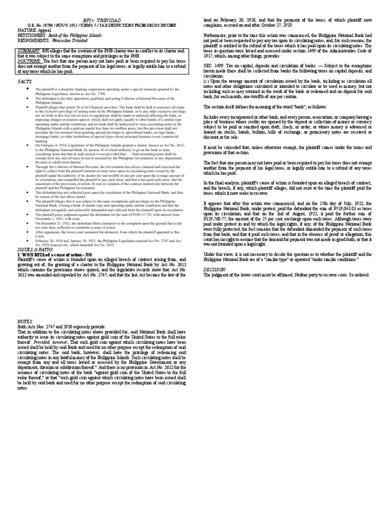 BPI V Trinidad Digest | PDF | Demurrer | Taxes