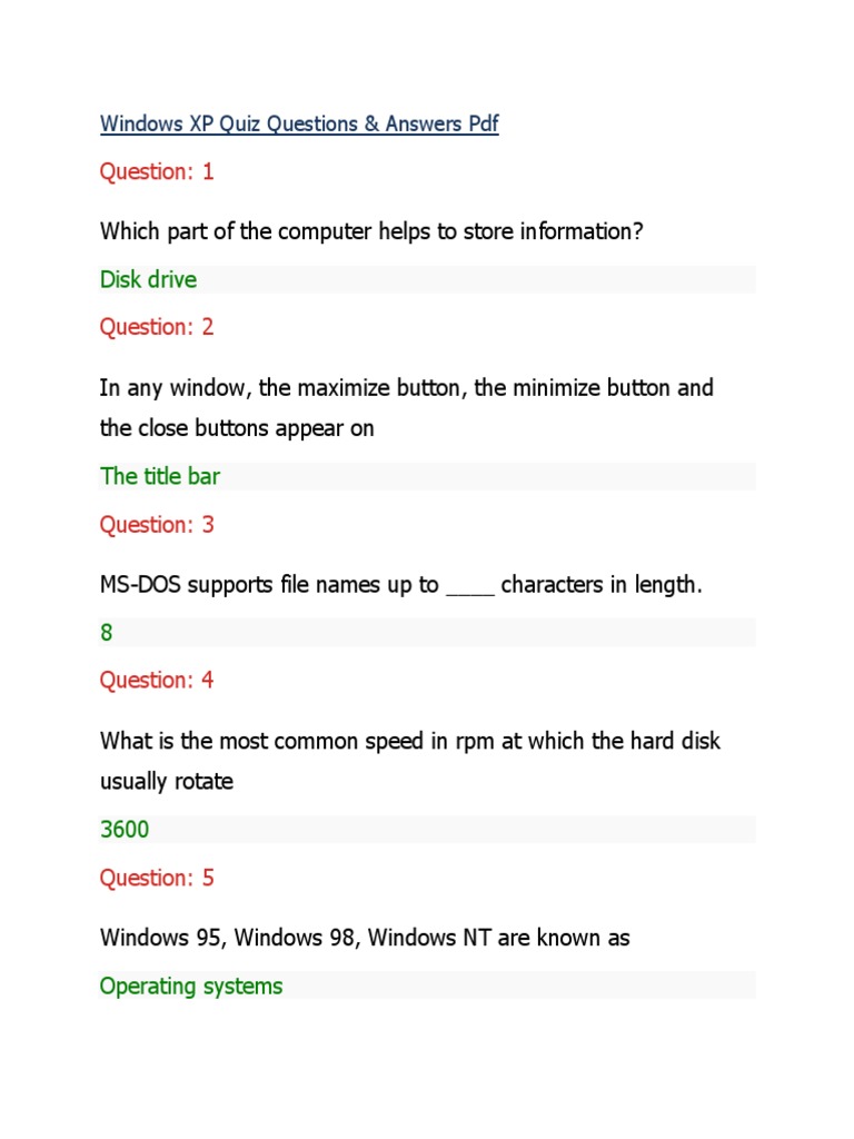 Ms Windows Quiz Questions PDF | PDF