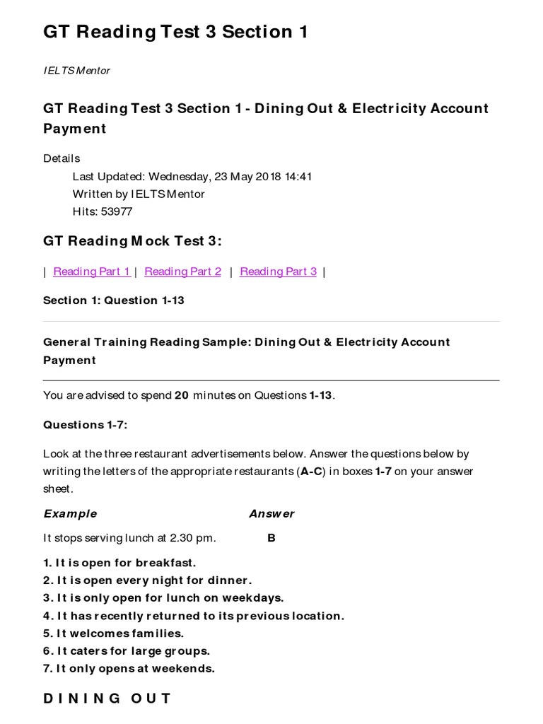 GT Reading Test 3 Section 1 - Dining Out & Electricity Account Payment ...