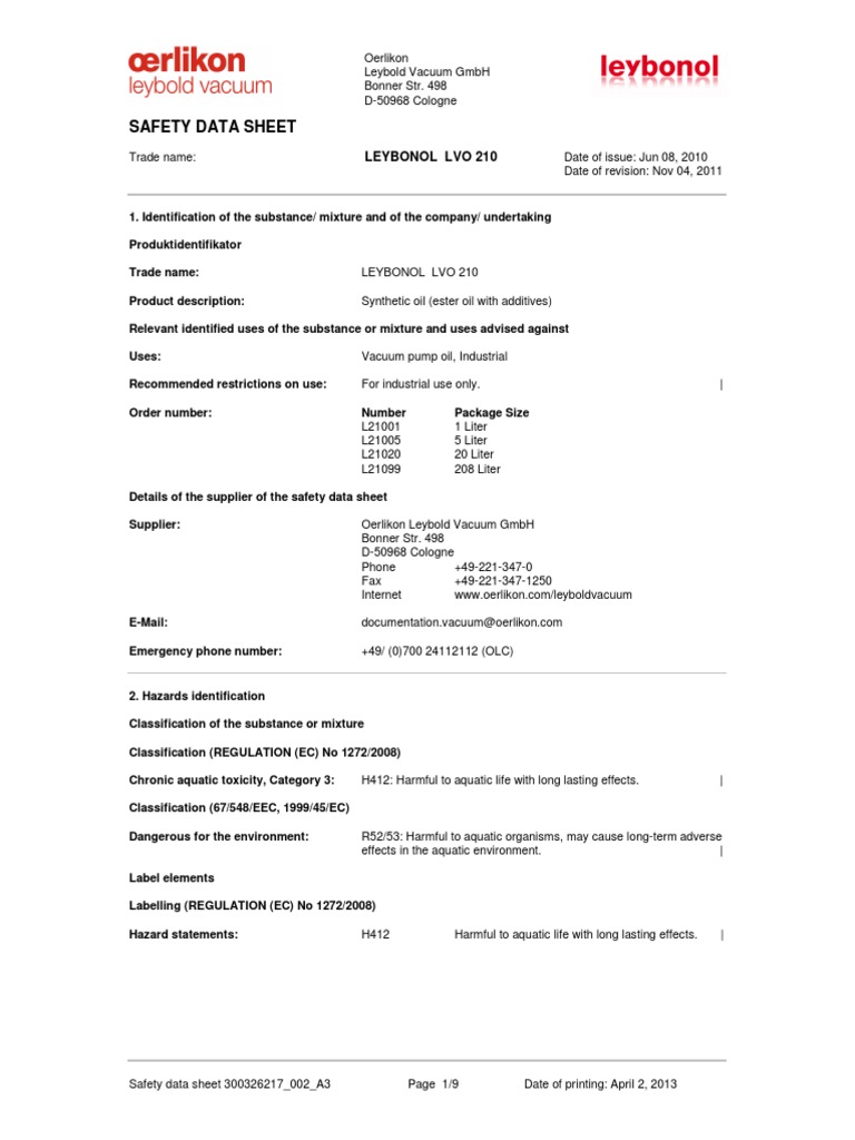 Safety Data Sheet: Leybonol Lvo 210 | PDF | Firefighting | Dangerous Goods
