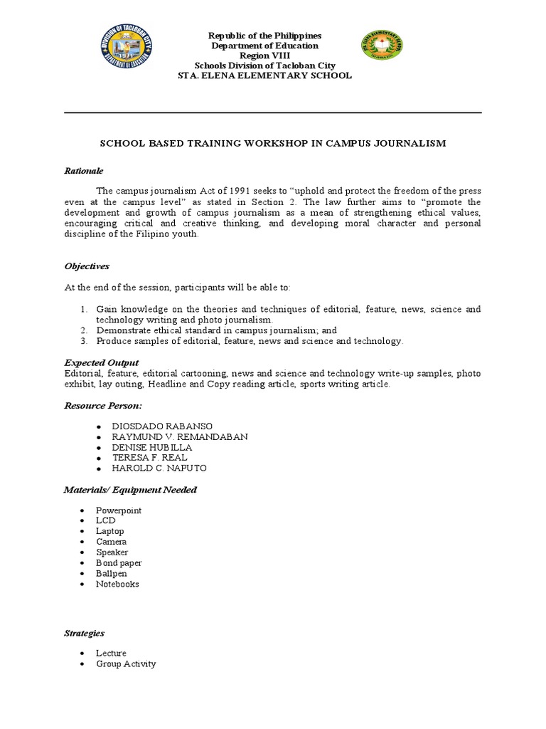School Based Training Workshop in Campus Journalism | PDF | Journalism ...