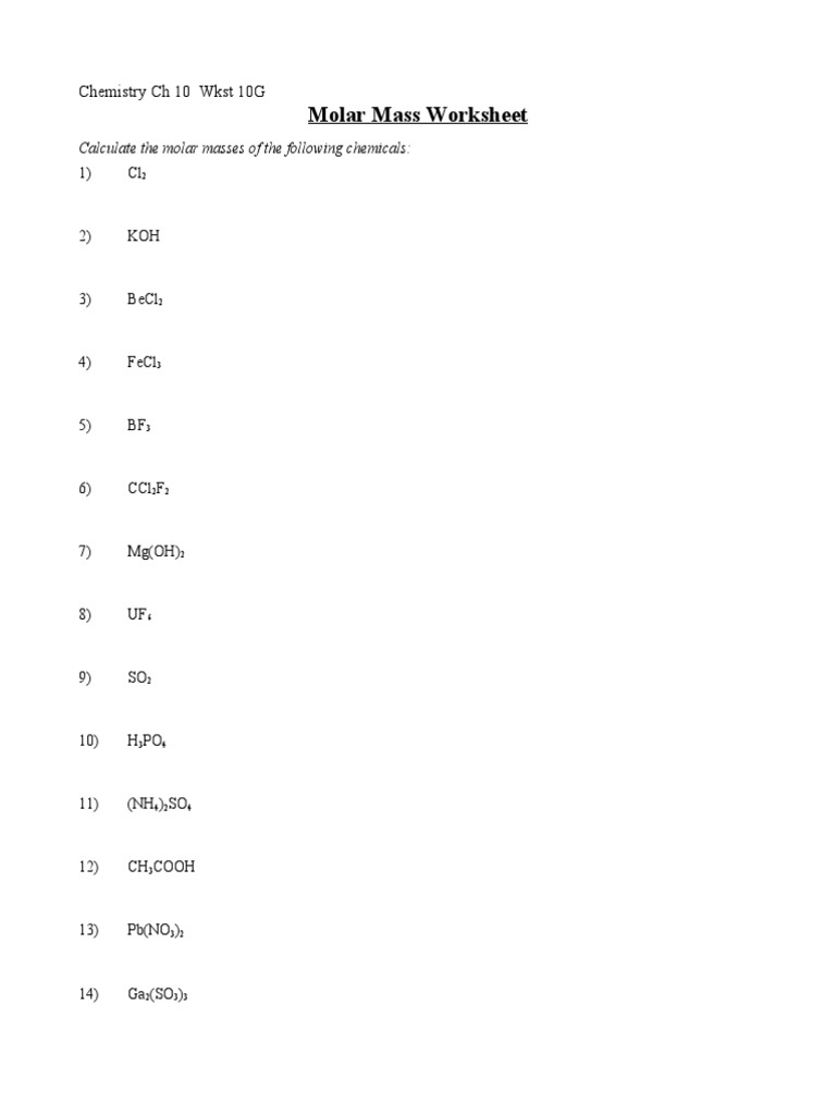 Molar Mass Calculation Worksheet | PDF