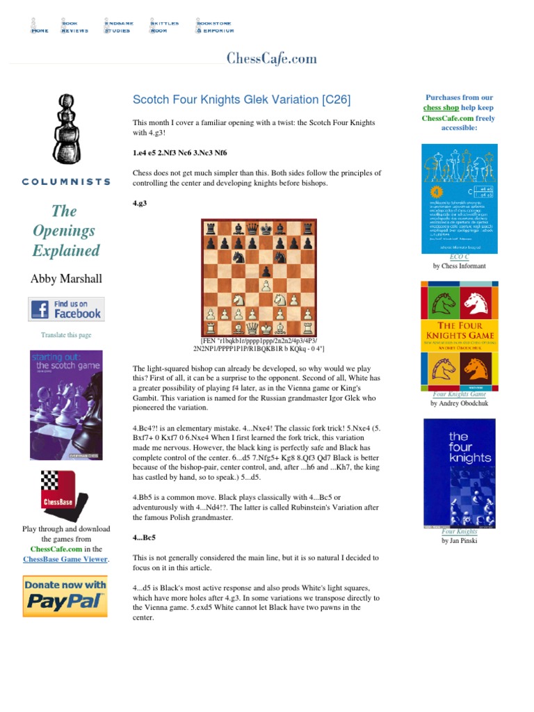 The Openings Explained: Scotch Four Knights Glek Variation (C26) | PDF ...