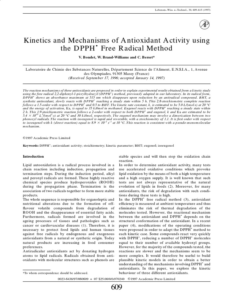 Kinetics and Mechanisms of Antioxidant Activity Using The DPPH Free ...