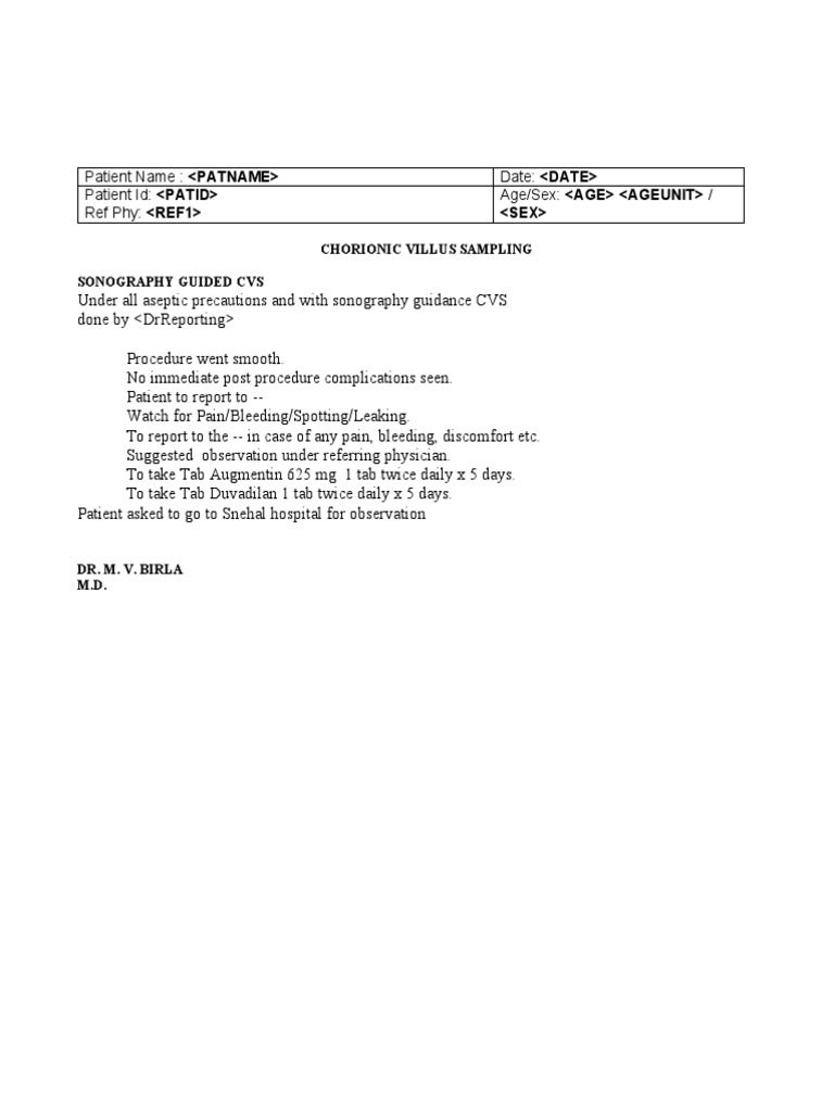 Sonography-Guided CVS Procedure Report | PDF