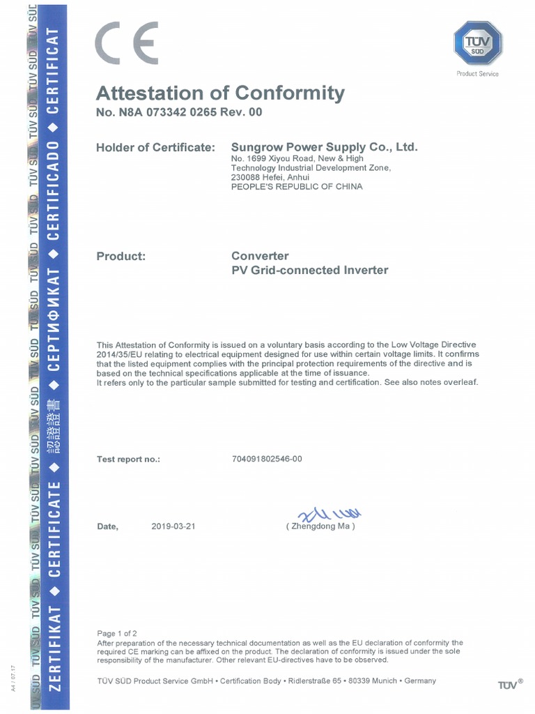 Ce-Lvd Certificate Sg100cx, Sc110cx, Sg132tx, Sg136tx, Sg150tx | PDF