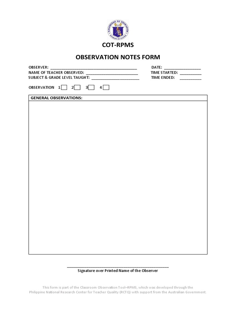 COT-RPMS Observation Notes Template | PDF | Business