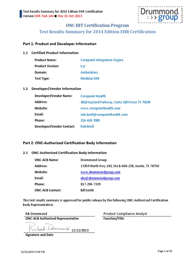 Test Results Summary For 2014 Edition EHR Certification: ONC HIT ...