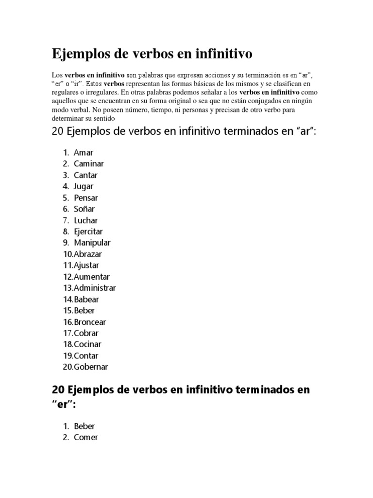 Ejemplos de Verbos en Infinitivo | PDF