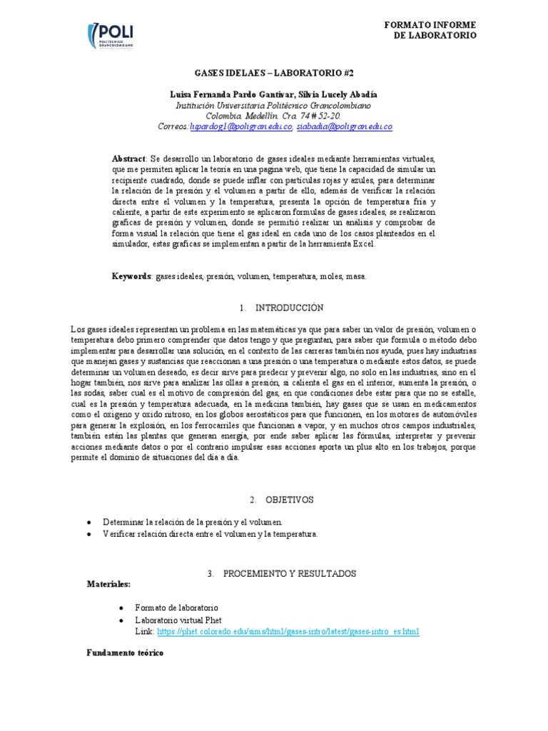 Formato Informe Lab | PDF | Gases | Presión