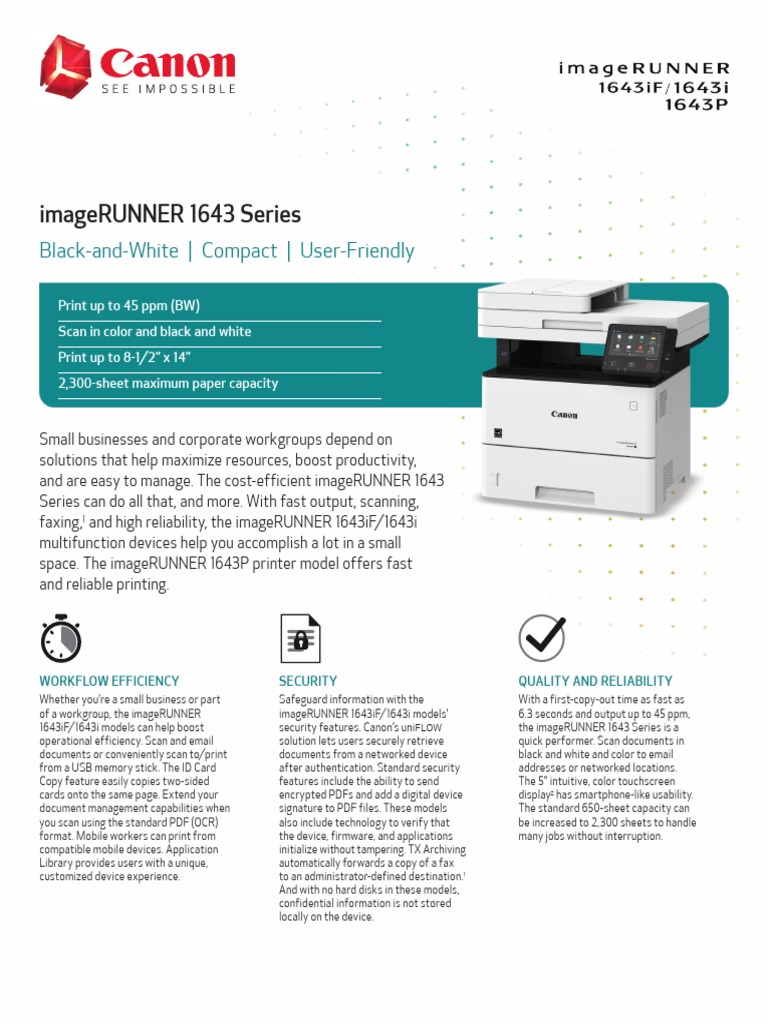 Imagerunner 1643 Series: Black-And-White - Compact - User-Friendly | Download Free PDF | Image ...