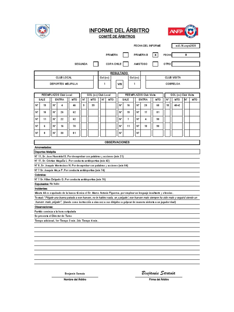 Informe Arbitral | PDF | Deportes de equipo | Asociación de Futbol