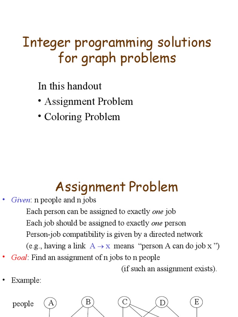 Integer Programming Solutions For Graph Problems: in This Handout - Assignment Problem ...
