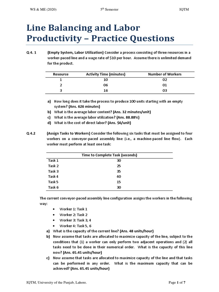 Line Balancing and Labor Productivity - Practice Questions: WS & ME ...