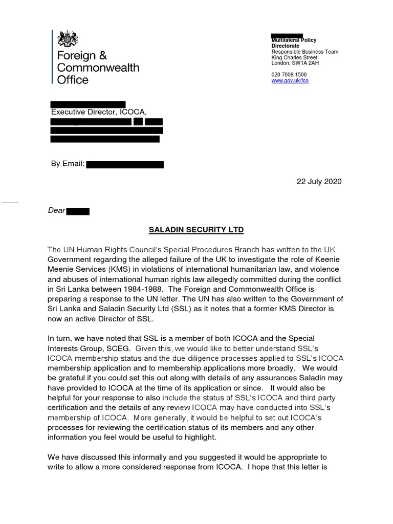 Foreign Office Letter To ICoCA | PDF | Human Rights | Justice