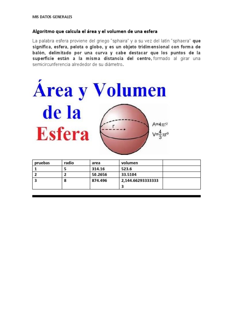Cálculo Área y Volumen Esfera | PDF | Estudios de idiomas extranjeros ...