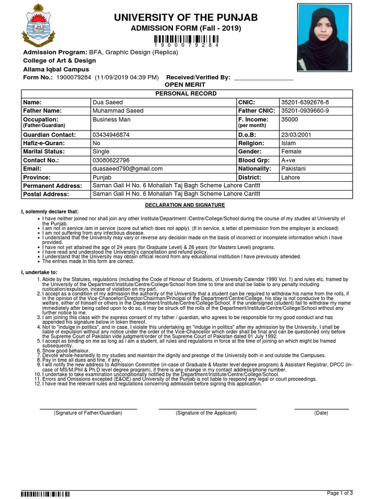 University of The Punjab: ADMISSION FORM (Fall - 2019) | PDF | Academic ...