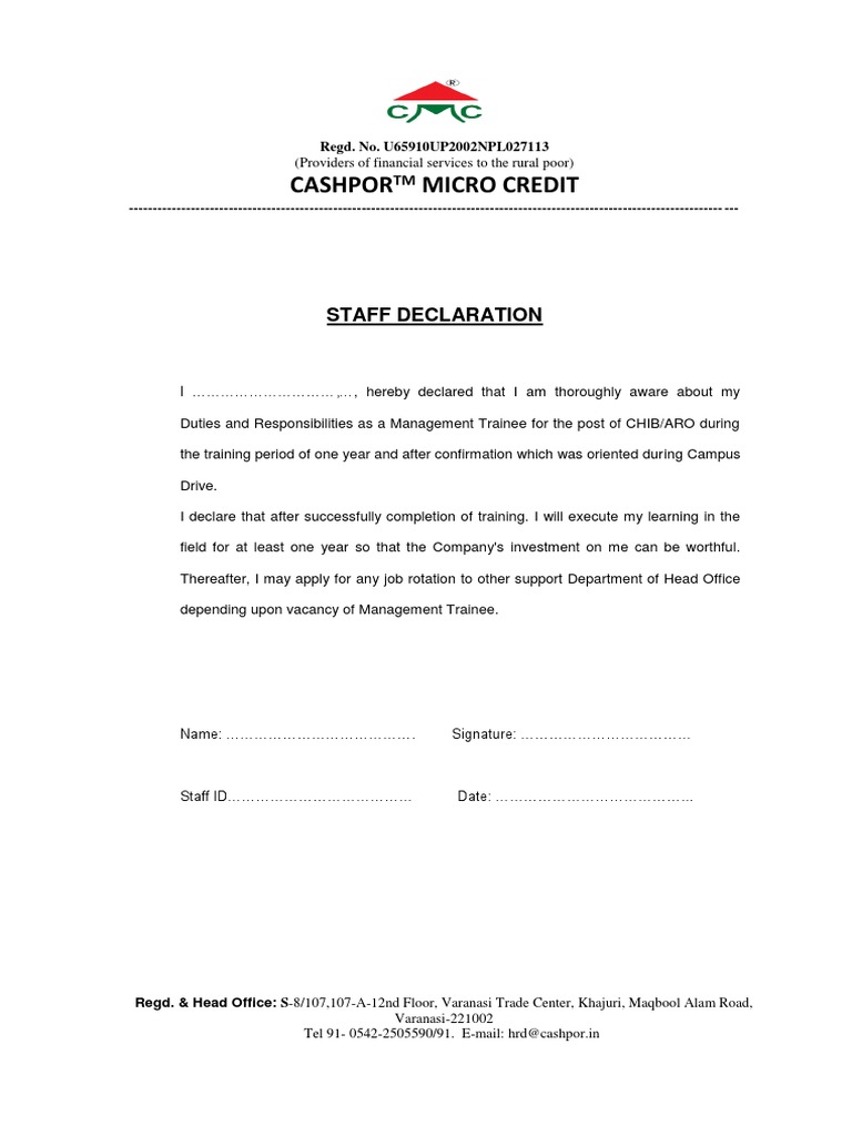Cashpor Micro Credit: Staff Declaration | PDF