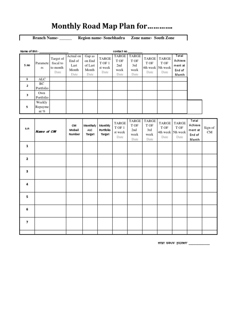 Monthly Road Map Plan For .: Branch Name - Region Name - Sonebhadra ...