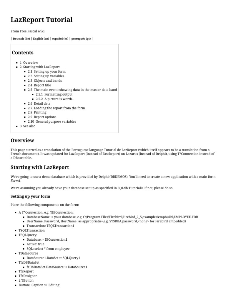LazReport Tutorial - Free Pascal Wiki | PDF | Databases | Computing