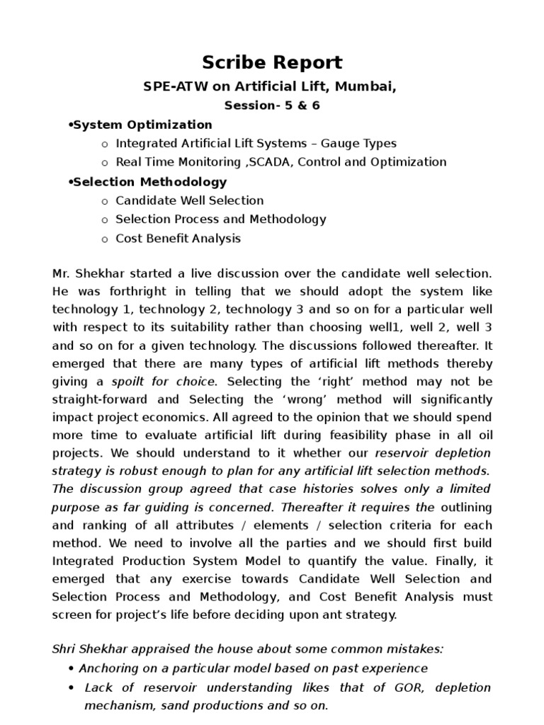 Scribe Report: SPE-ATW On Artificial Lift, Mumbai | PDF | Mathematical ...