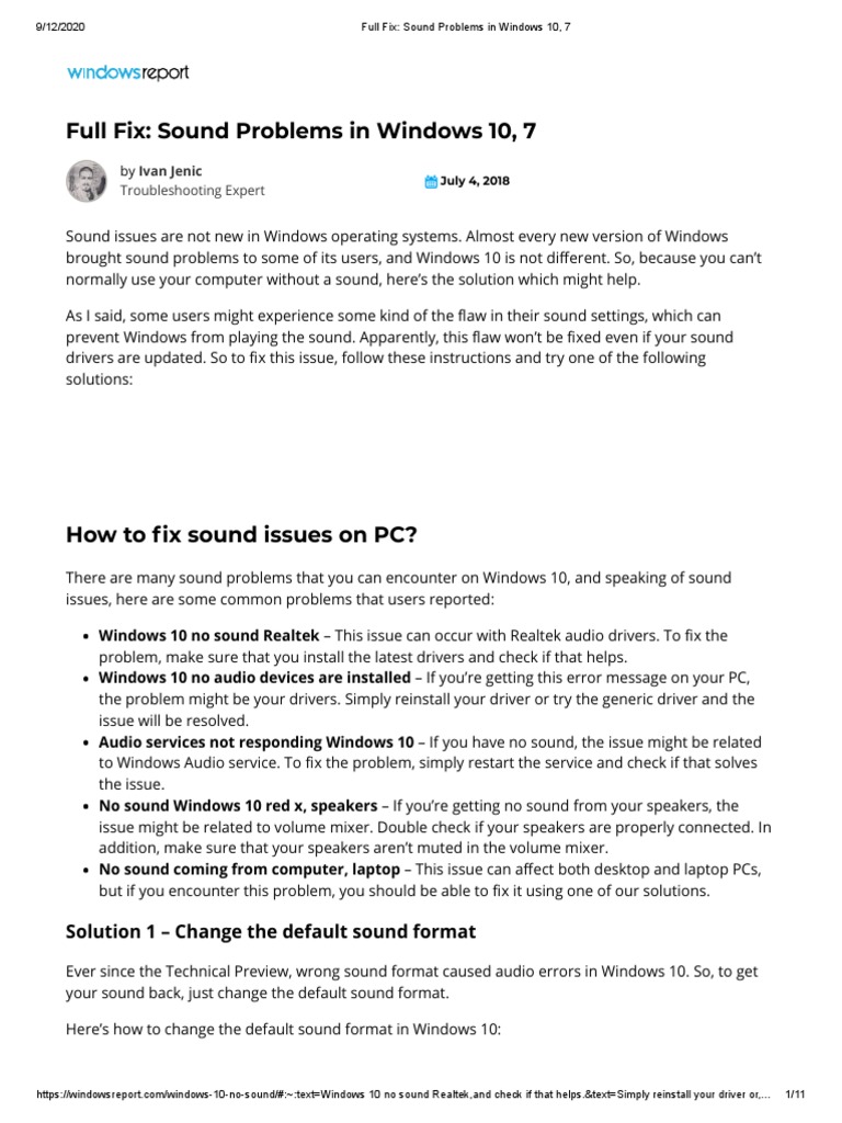 Full Fix - Sound Problems in Windows 10, 7 | PDF | Windows 10 | Device ...