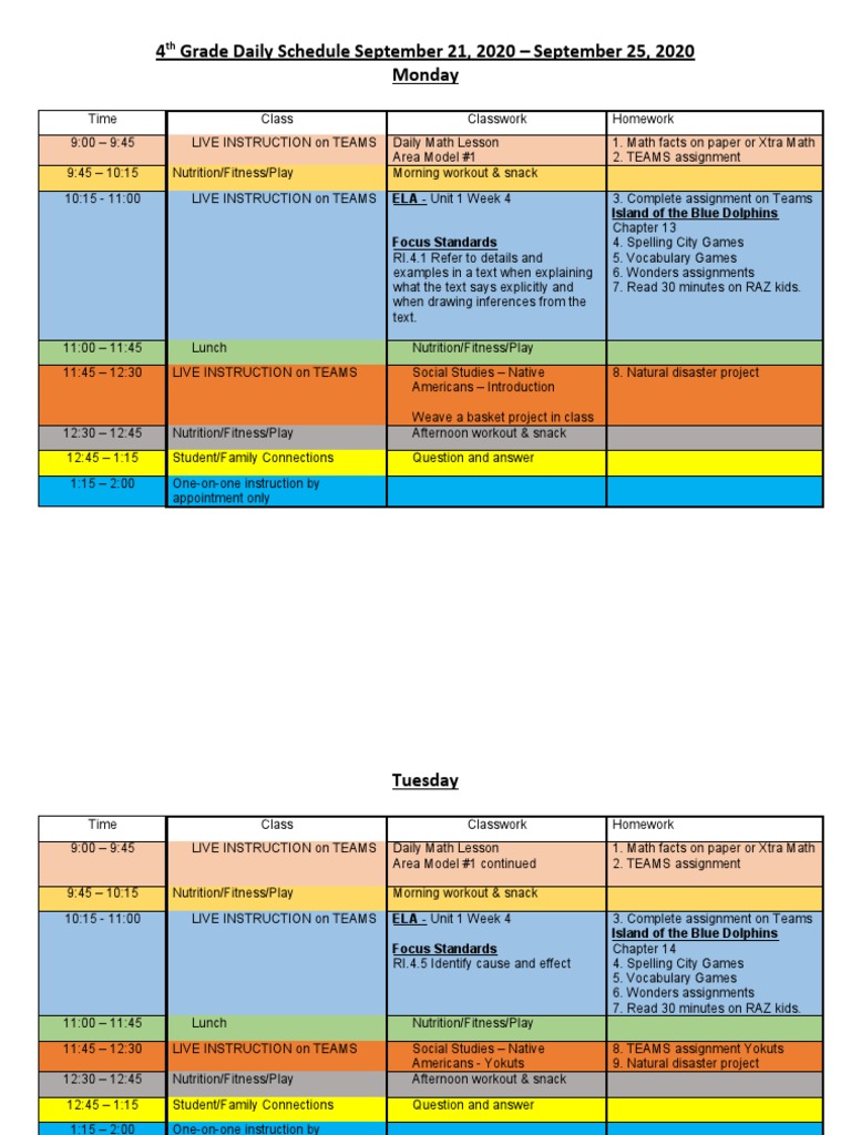 4th Grade Weekly Schedule: Sept 21-25 | PDF | Homework | Cognition