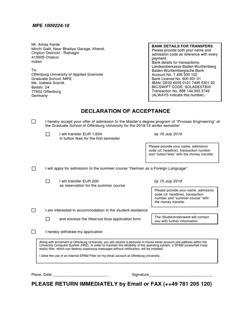 Declaration of Acceptance: Bank Details For Transfers | PDF | Wire ...