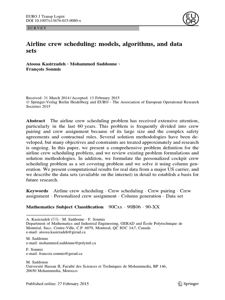 Airline Crew Scheduling Models Algorithm Pdf Pdf Metaheuristic Mathematical Optimization