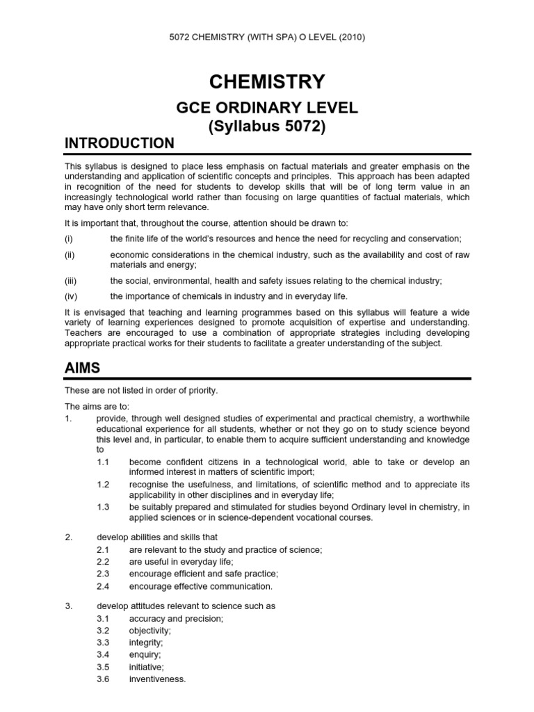 Cambridge O Level Chemistry Syllabus 2010 | Chemical Reactions | Redox